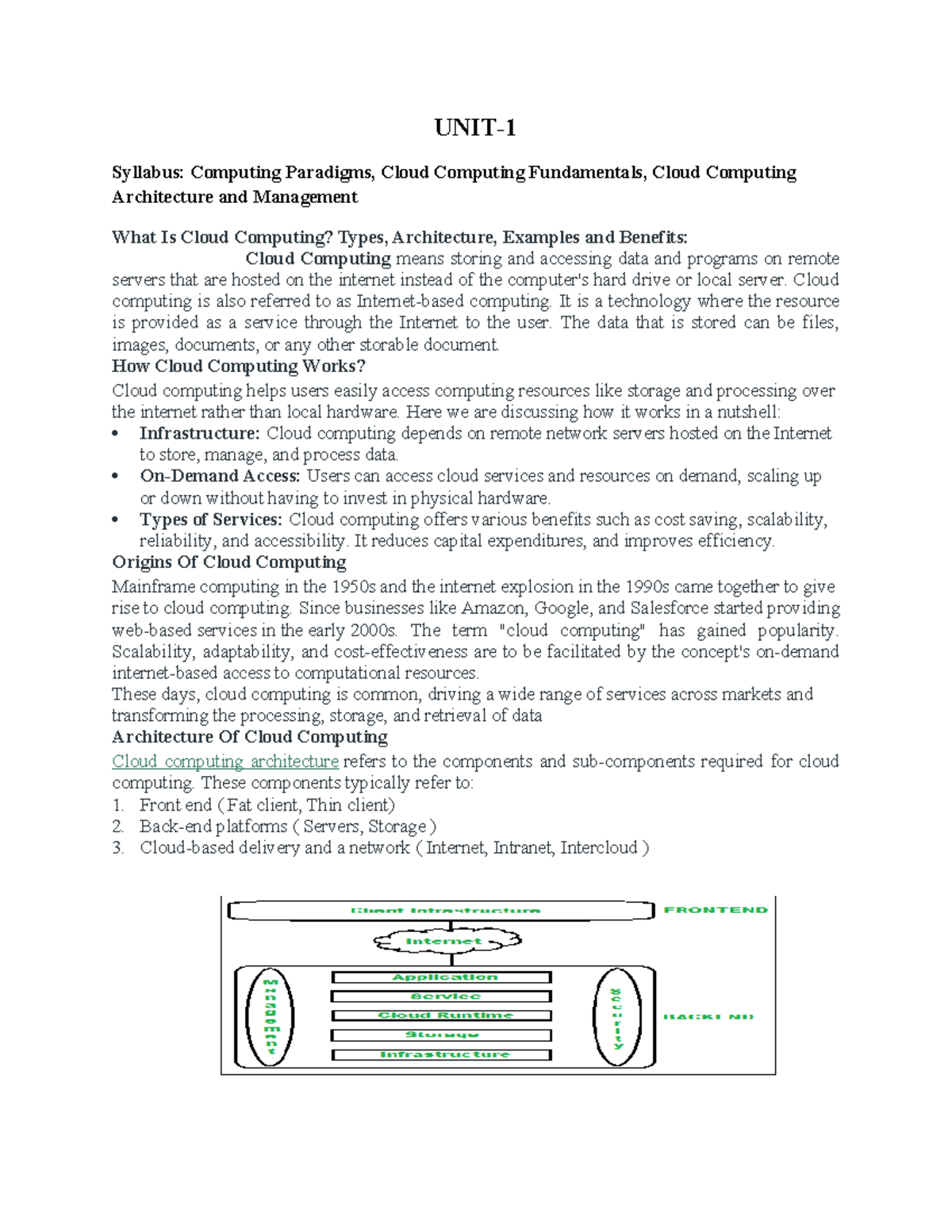 Syllabus: Cloud Computing Fundamentals and Architecture (UNIT-1) - Studocu