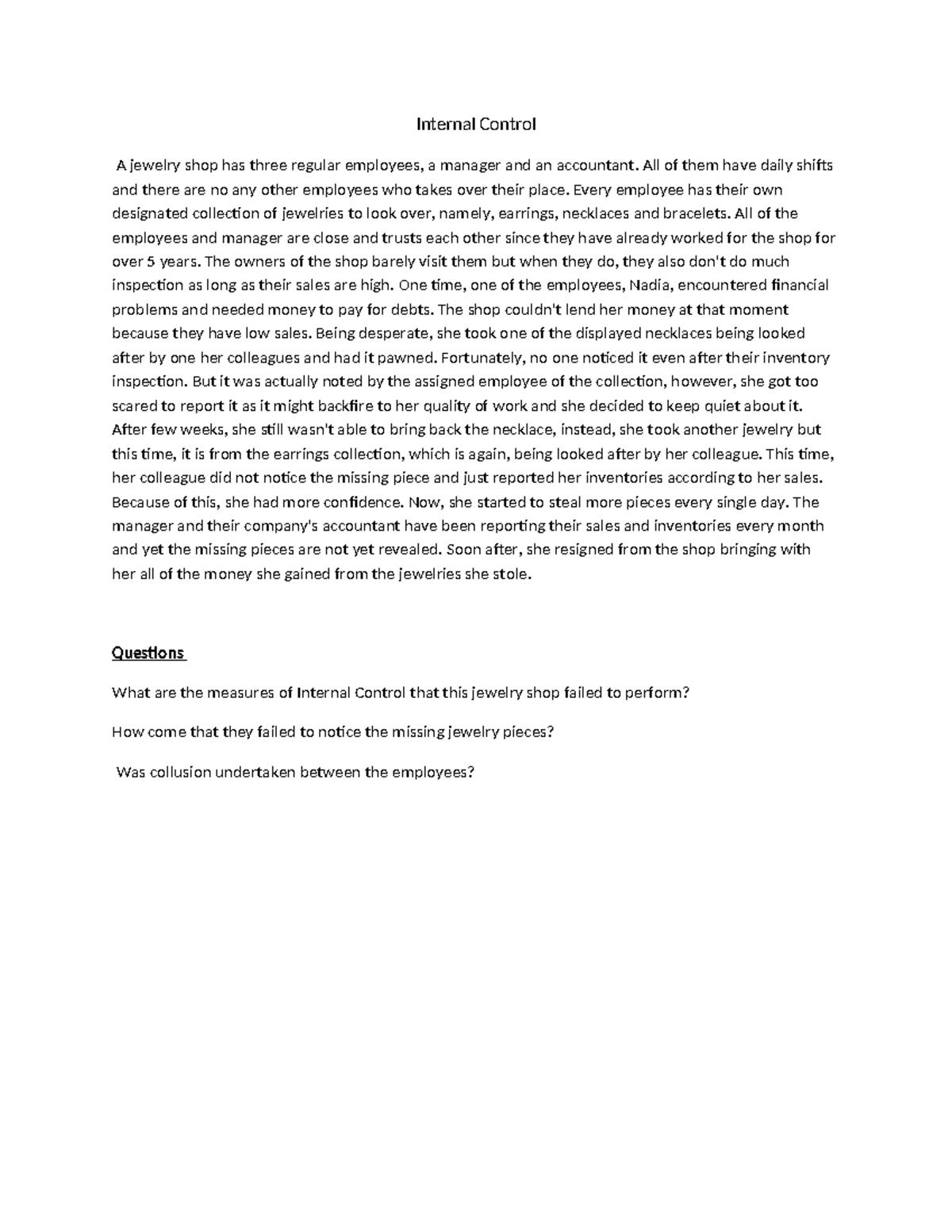 CASE Study: Internal Control Failures in a Jewelry Shop - Studocu