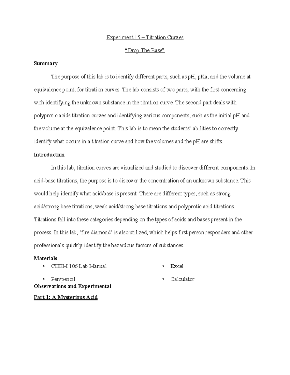 chem 106 lab report 15 full report with all steps - Experiment 15 ...