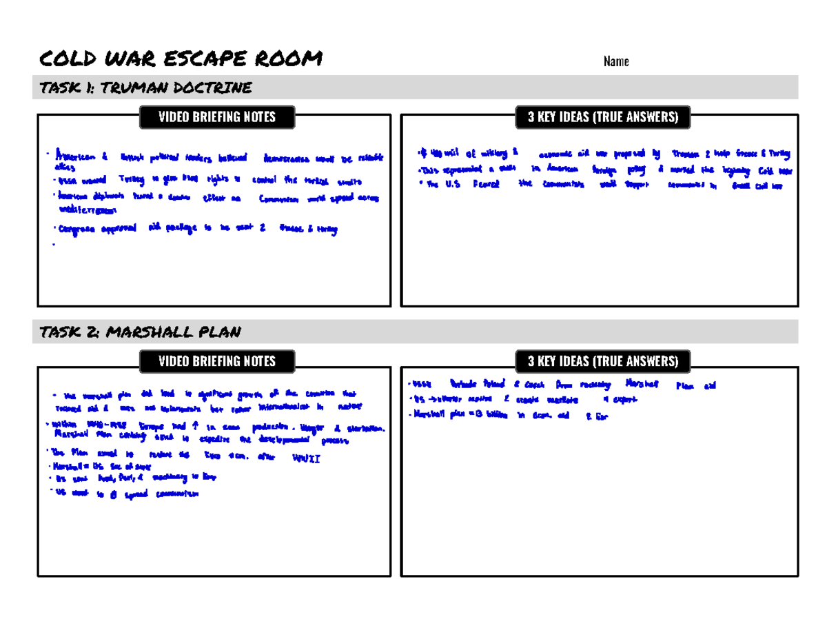 COLD WAR Escape Room Notes: Key Ideas & Tasks Overview 3 - Studocu