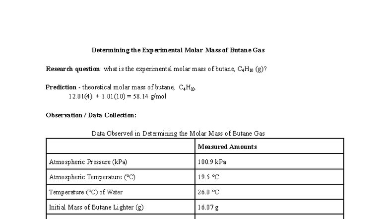Experimental Molar Mass of Butane Gas: Lab Analysis - Studocu