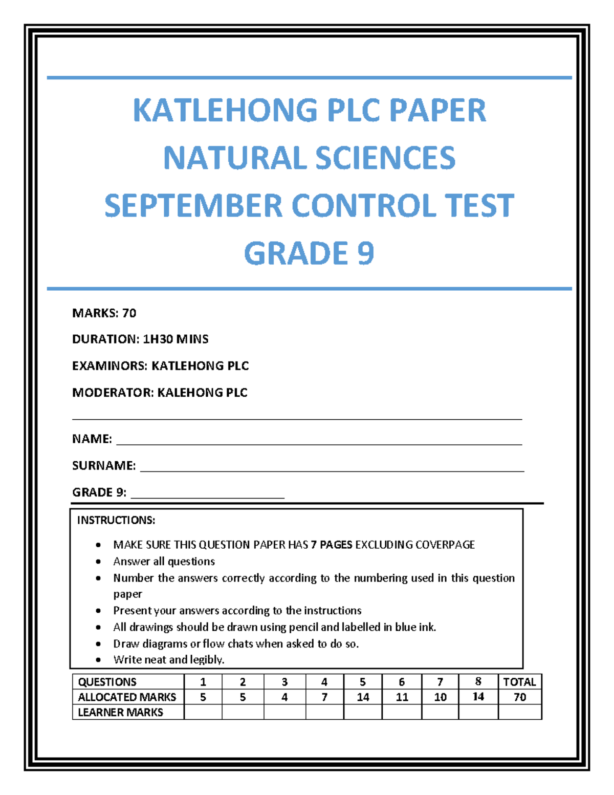 KATLEHONG PLC GRADE 9 NATURAL SCIENCES CONTROL TEST SEPTEMBER 2023 ...