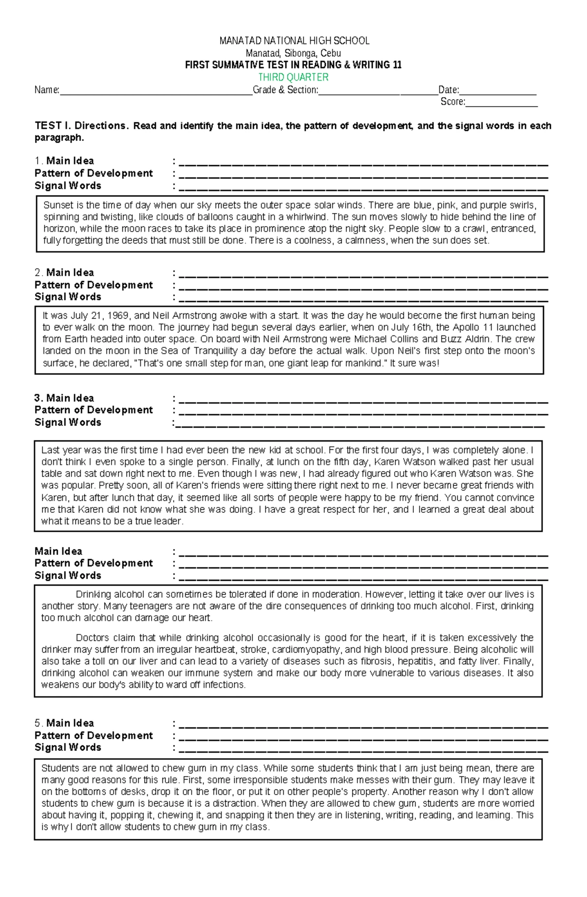 Grade 11 Reading and Writing Summative Test - Fourth Quarter - Studocu