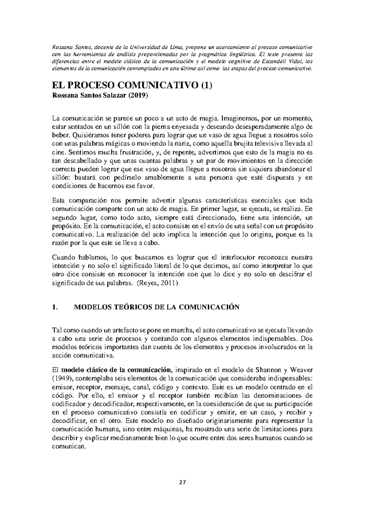 Análisis del Proceso Comunicativo según ROSSANA SANTOS SALAZAR - Studocu