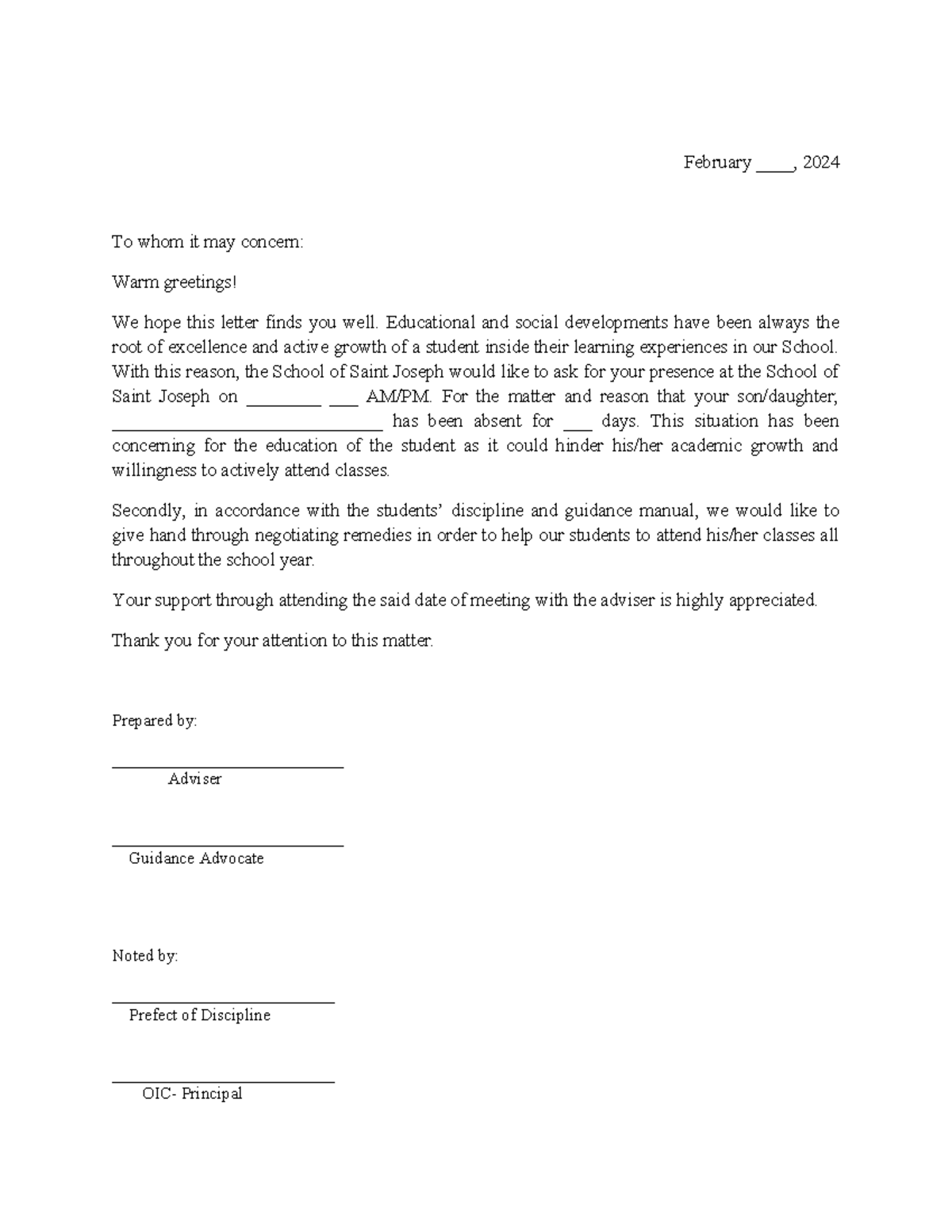 Absentism - a sample letter for absenteeism - February ____, 2024 To ...