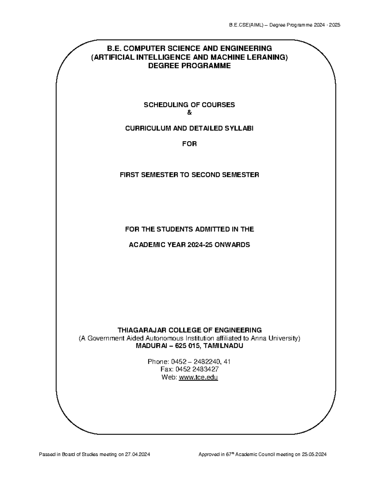 B.E CSE AIML Syllabus 2024-25: Curriculum & Course Overview - Studocu