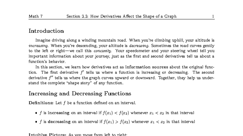 Math 7 Sec 3.3: Understanding Derivatives and Graph Behavior - Studocu