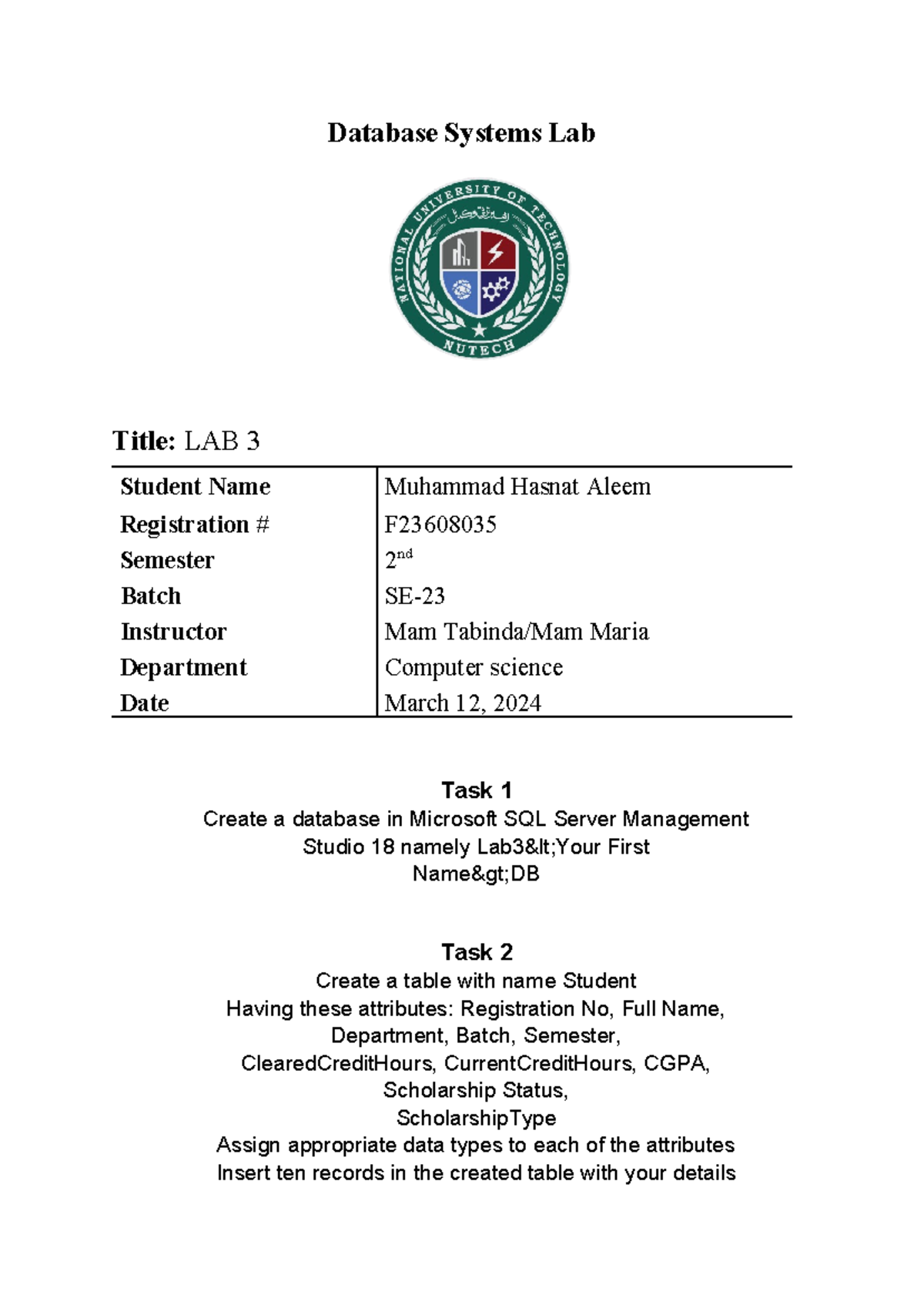 Database Lab 3 Report - CS Lab Work and SQL Exercises - Studocu