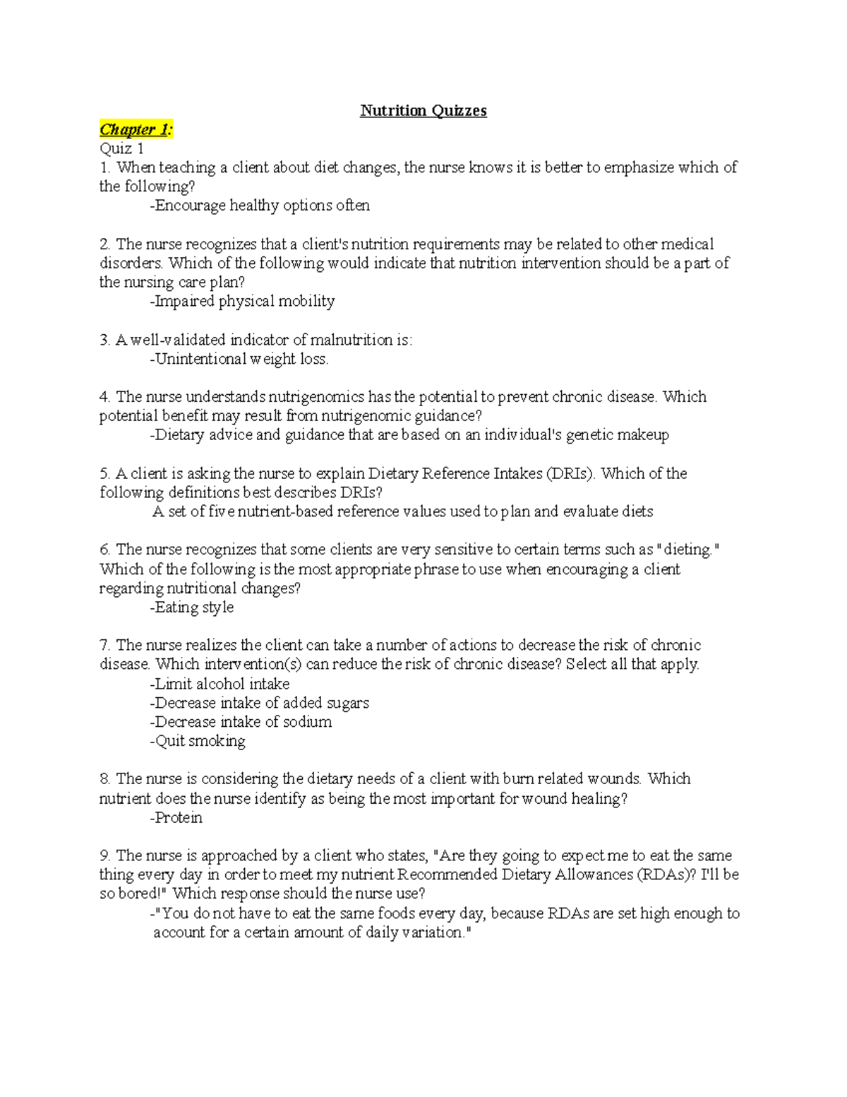 Nutrition Quizzes: Key Concepts & Guidelines for Nursing Care - Studocu