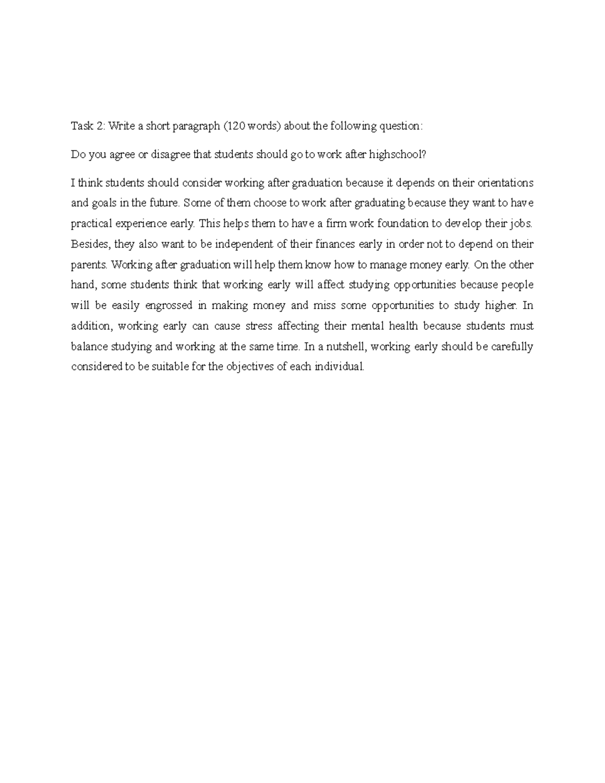 Writing Test: Should Students Work After High School? - Studocu