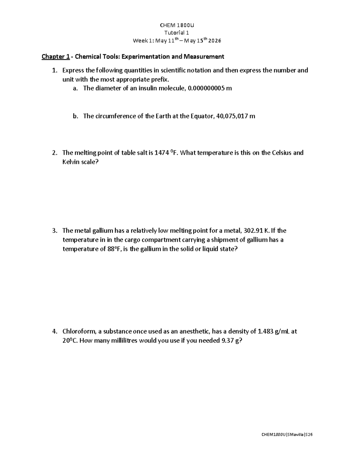 CHEM 1800U Tutorial 1: Week 1 - Chemical Tools & Measurements - Studocu