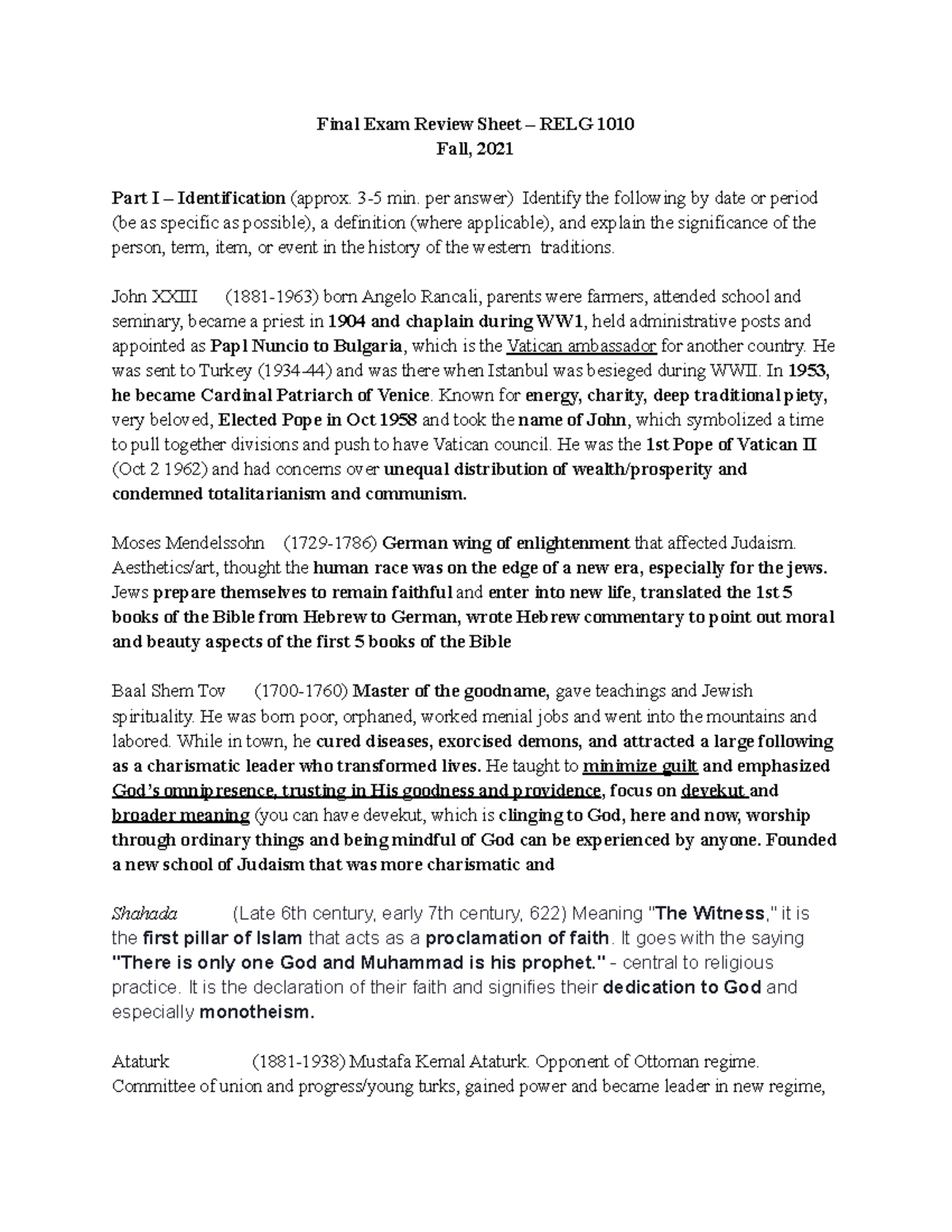 RELG 1010 Final Exam Review - Final Exam Review Sheet – RELG 1010 Fall ...