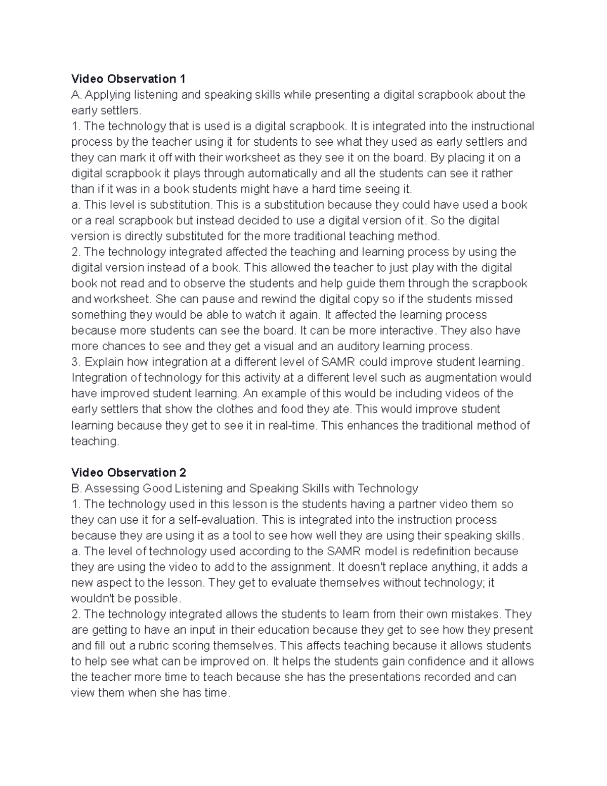 D092 Task 2 - Task 2 - Video Observation 1 A. Applying listening and ...