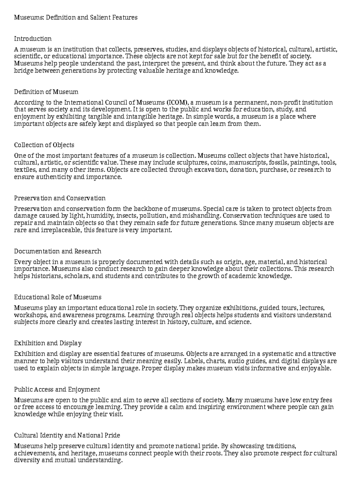 Museum and Its Factors: Definition, Features, and Role - Studocu