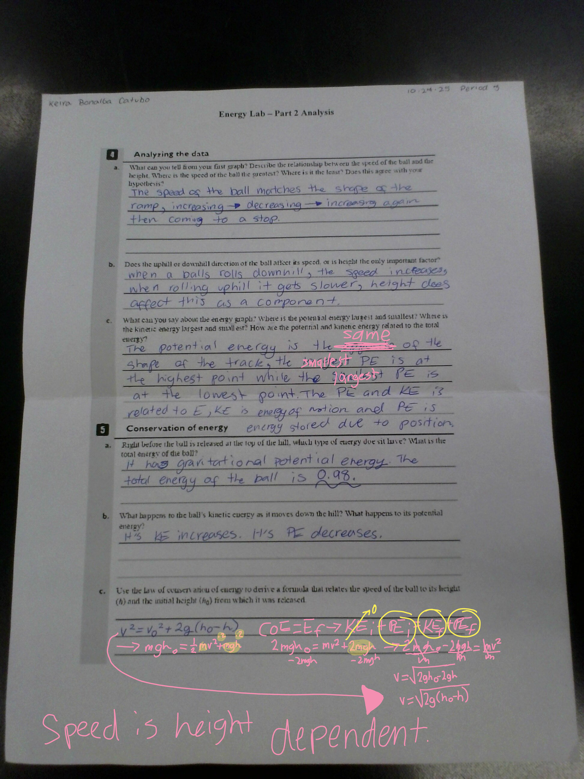 Energy Lab Analysis: Speed, Height, and Energy Relationships - Studocu