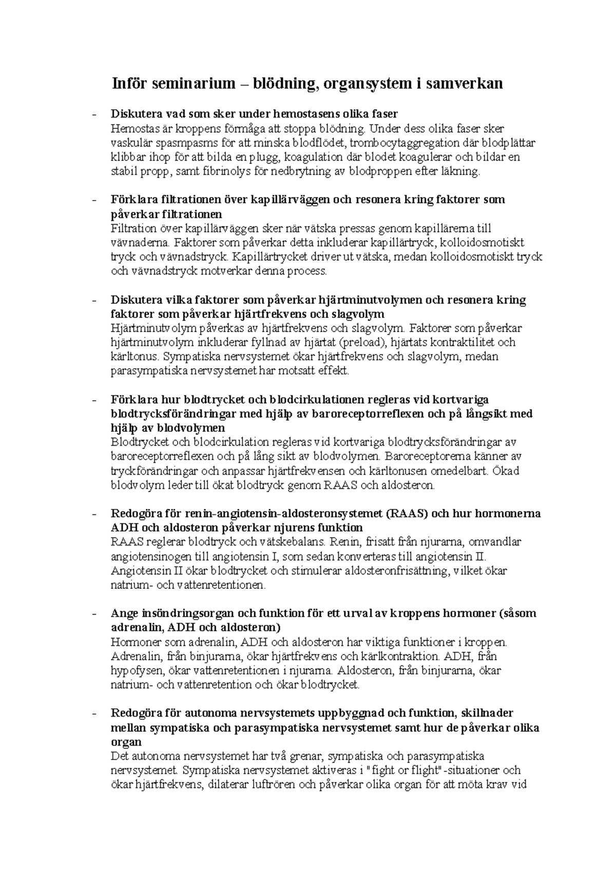 Seminarium: Blödning och Hemostas i Organsystemet (Kurskod) - Studocu