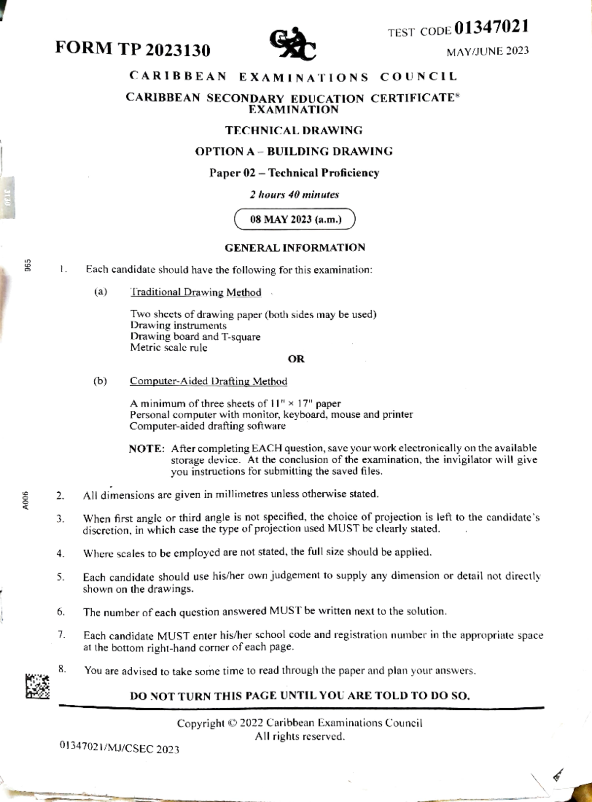 CSEC TD P2 - Building Drawing Paper 02 - May/June 2023 - Studocu