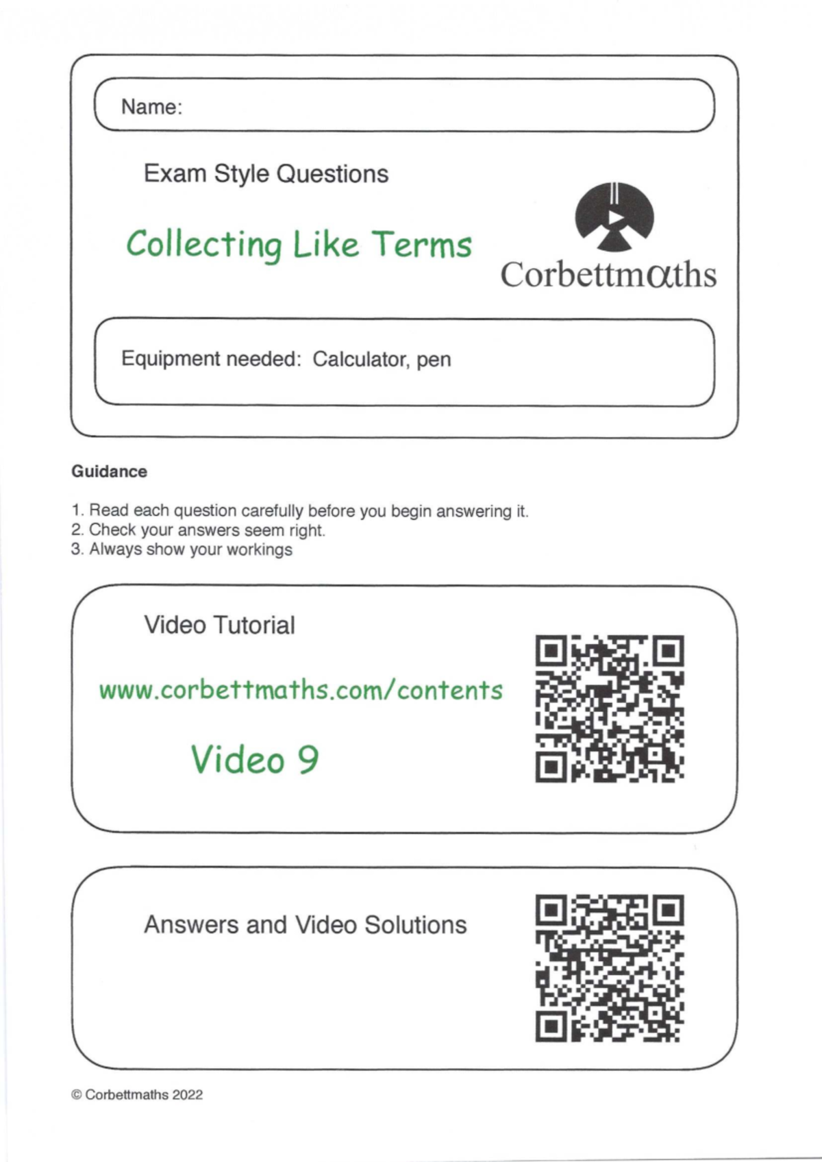 Collecting Like Terms Exam Style Questions - Corbettmaths 2022 - Studocu