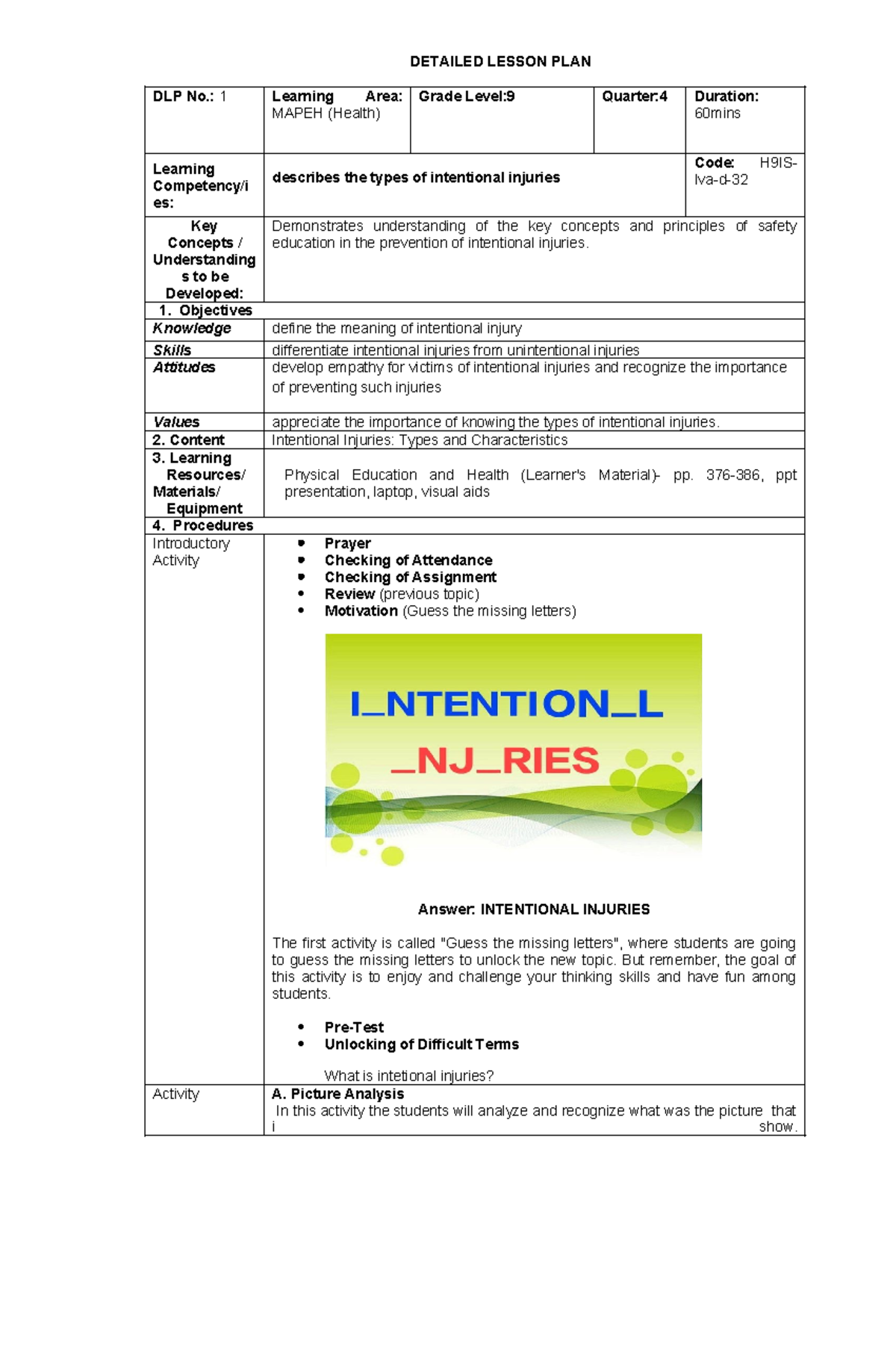 DLP1 - Health - Lesson Plan on Intentional Injuries - Grade 9 Q4 - Studocu