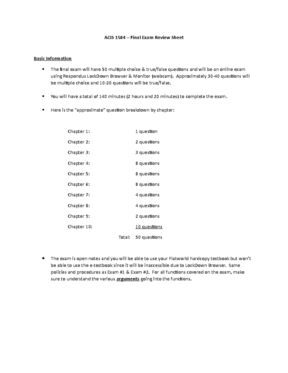 ACIS 1504 – Final Exam Review Sheet: Key Topics & Qs Breakdown - Studocu