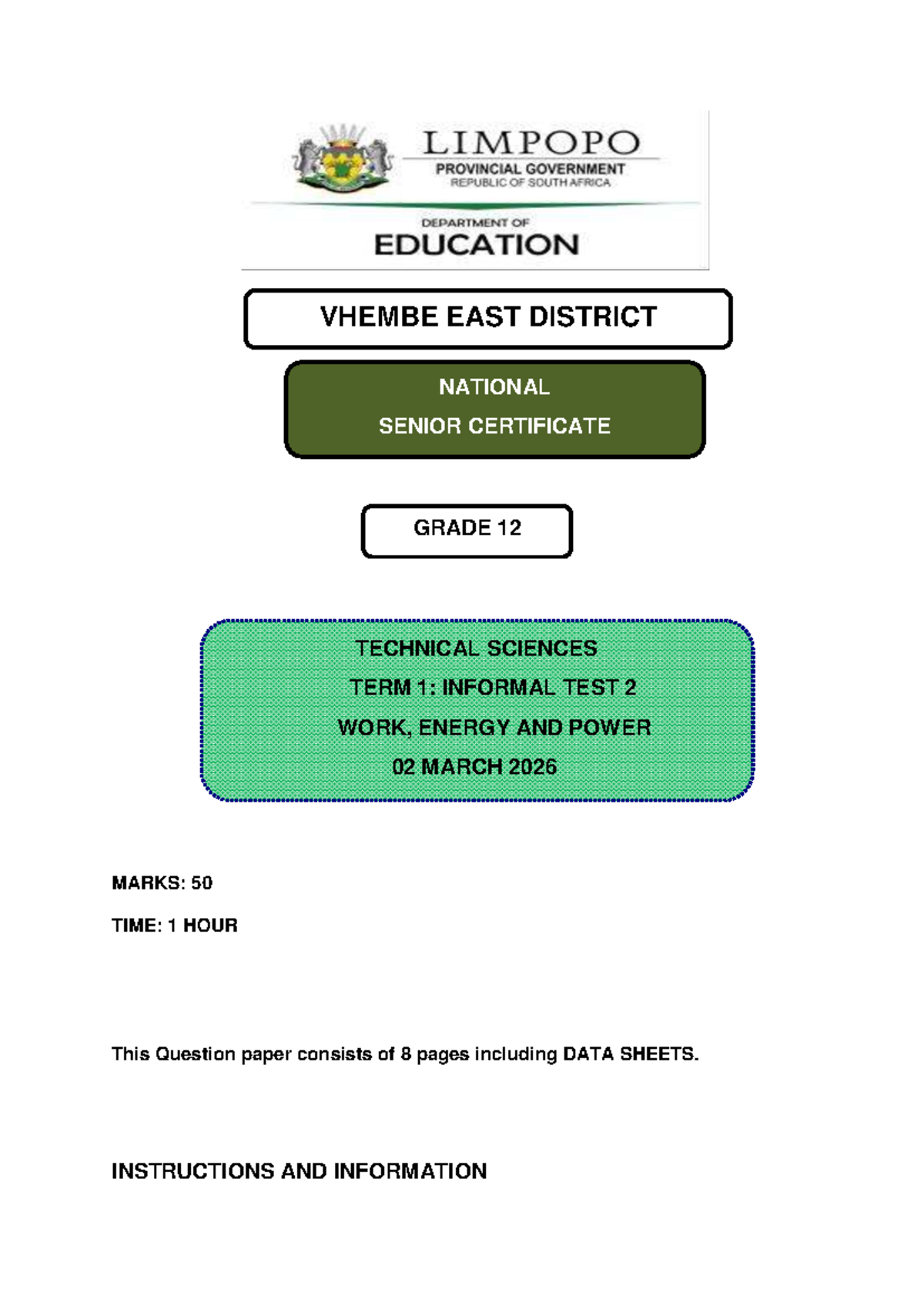 2026 Vhembe East Technical Sciences Grade 12 Informal Test 2: Work ...