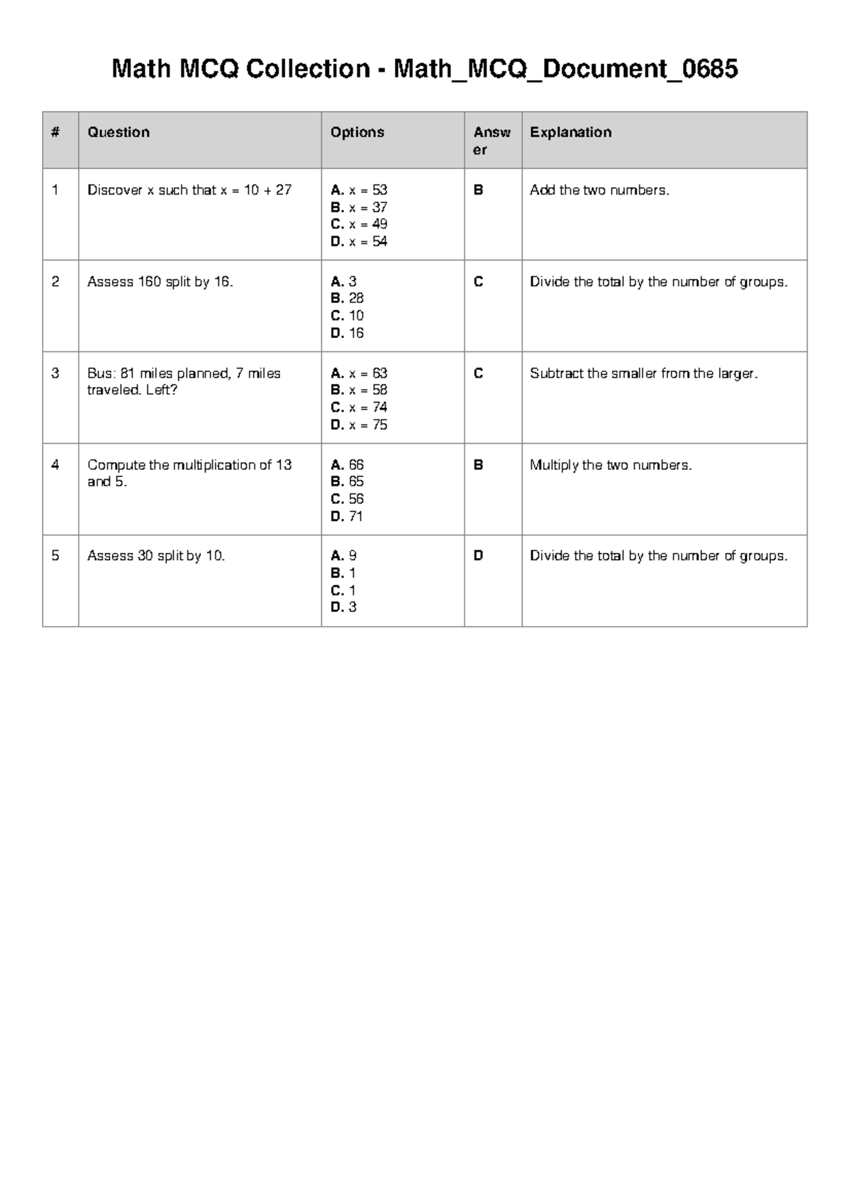 Math MCQ Collection - Document 0685 for Final Exam Preparation - Studocu