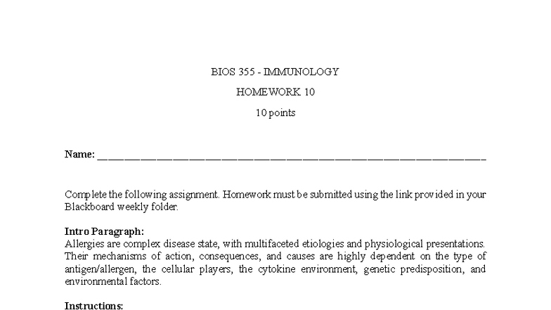 BIOS 355 Immunology Homework 10: Concept Map Assignment - Studocu