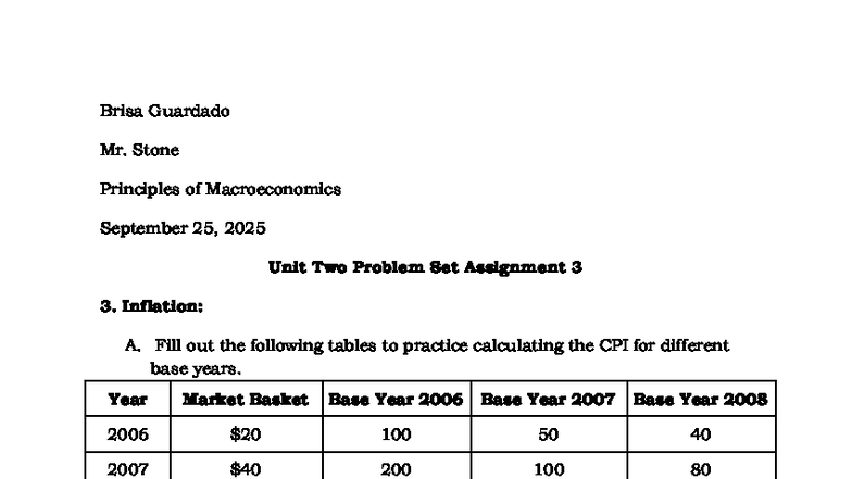 Unit Two Problem Set Assignment 3: CPI & Inflation Analysis - Studocu