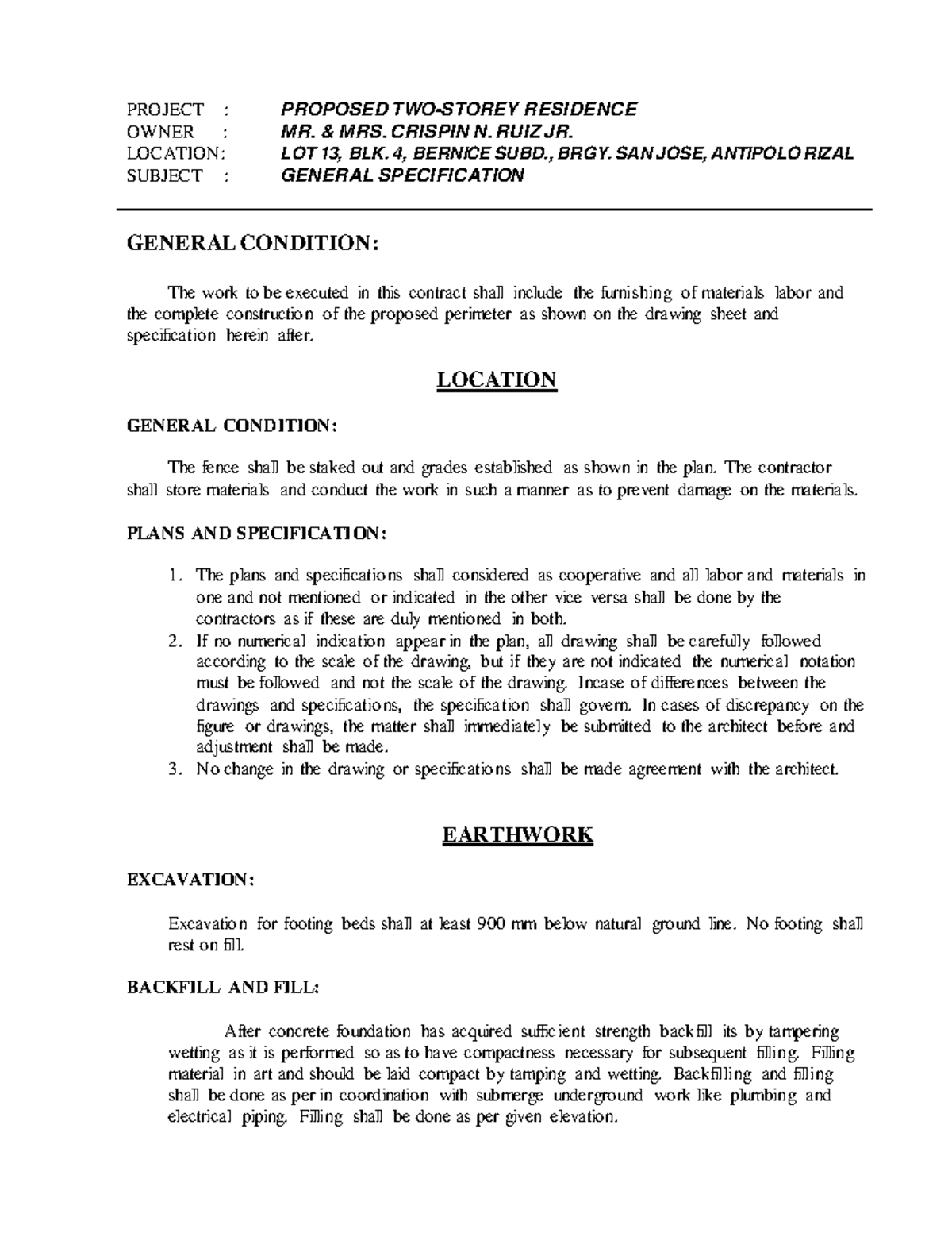 Proposed Residence Specifications for Mr. & Mrs. Ruiz - Antipolo - Studocu