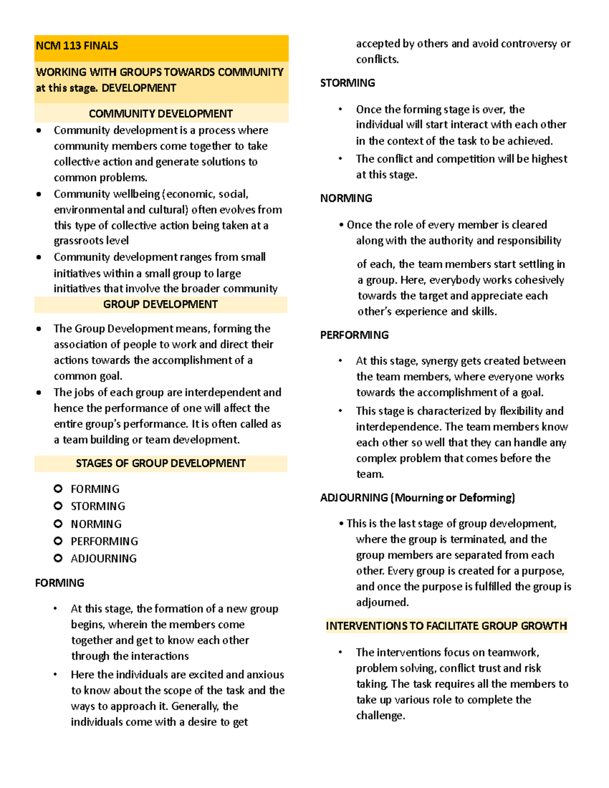 NCM-113 Finals - Comprehensive Notes on Community & Group Development ...