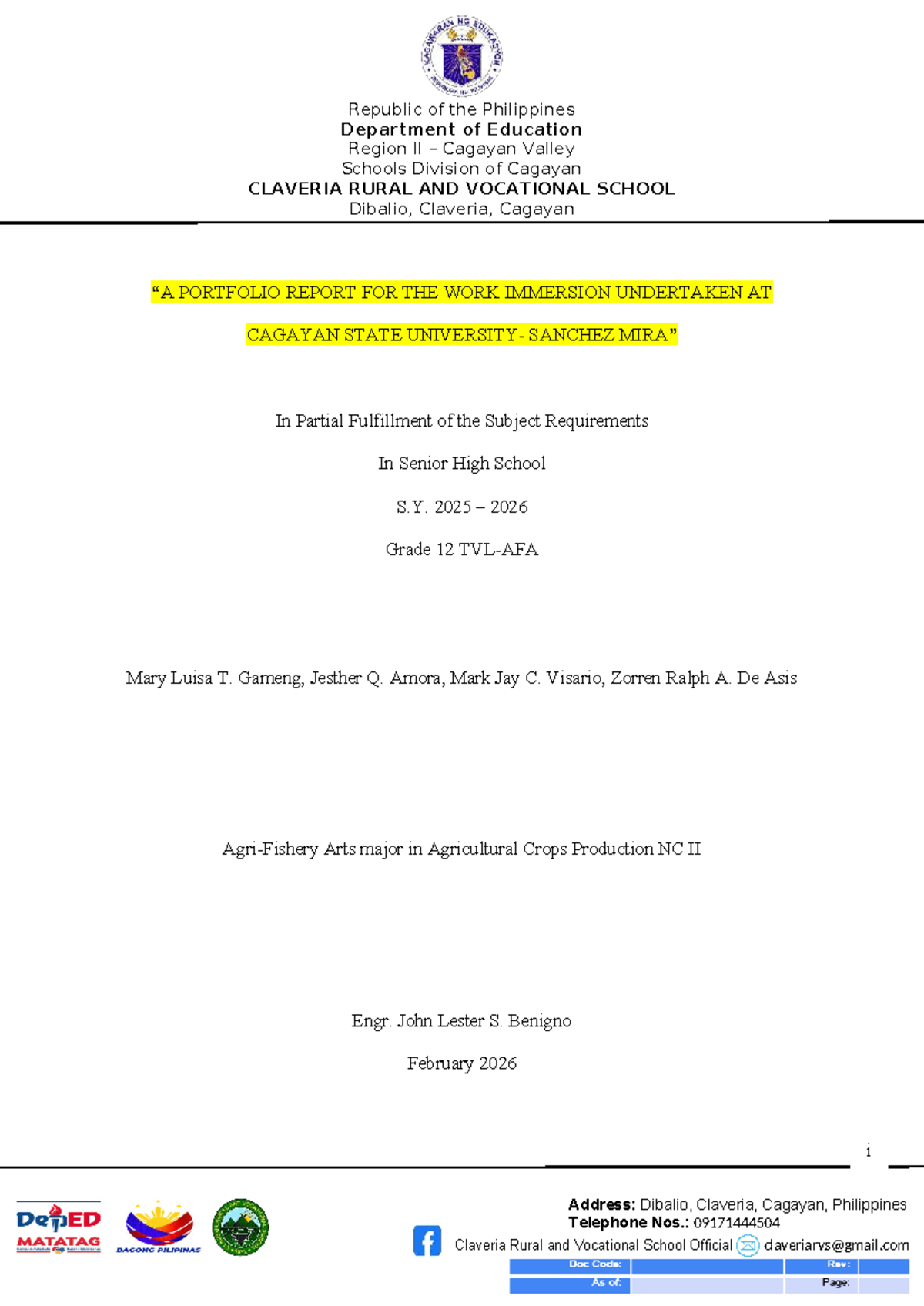Work Immersion Portfolio Report for SHS Grade 12 (S.Y. 2025-2026) - Studocu