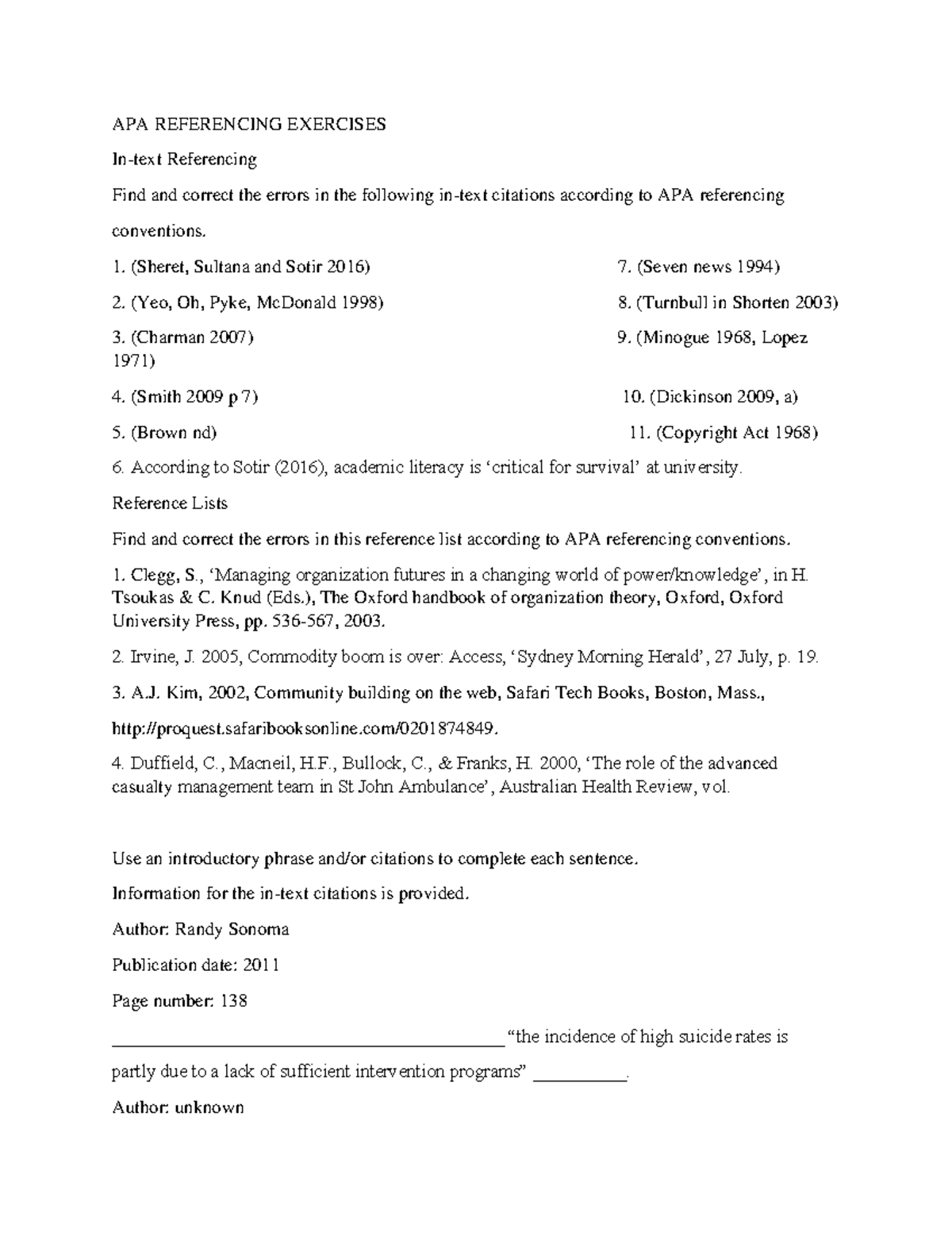 APA Referencing Exercises and In-Text Citation Practice - Studocu