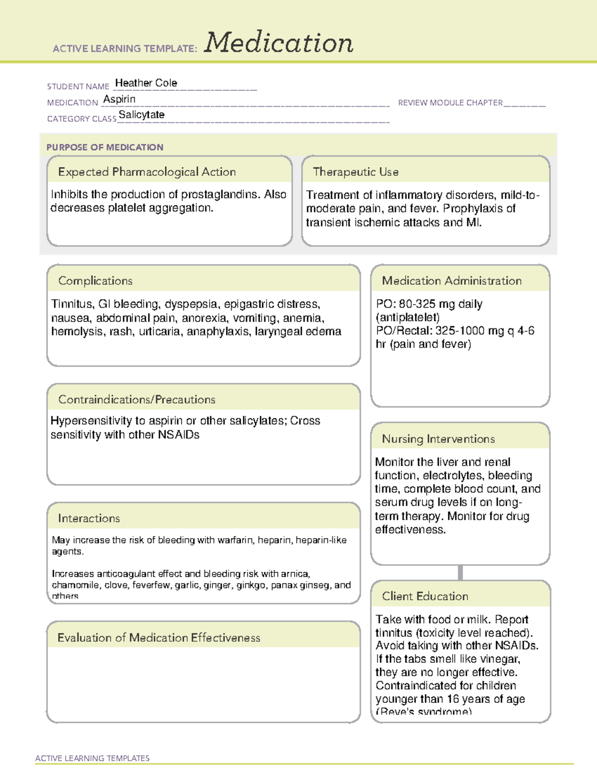 Aspirin Drug Card - Active Learning Template for Nursing (MED 101 ...
