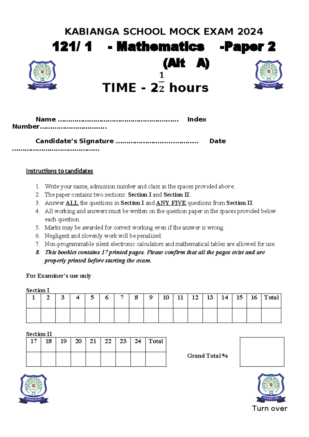 KABIANGA SCHOOL MOCK EXAM 2024 - Mathematics PP1 (Alt 2 A) - Studocu