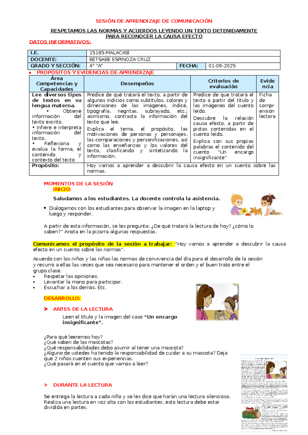 SESION DE APRENDIZAJE: CAUSA Y EFECTO EN LA LECTURA - I.E. BETSABE ...