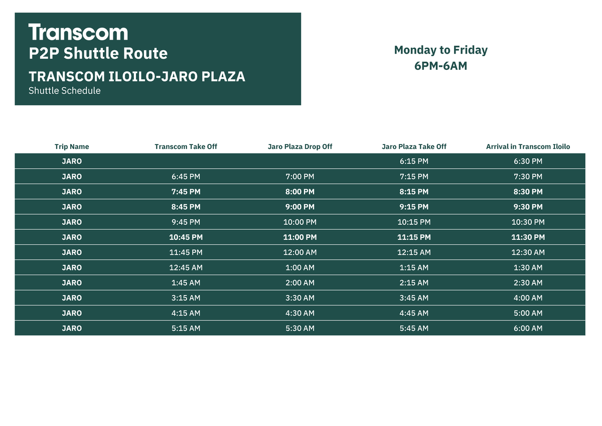Iloilo P2P Shuttle Schedule: Transcom Plaza to Jaro (Mon-Fri) - Studocu