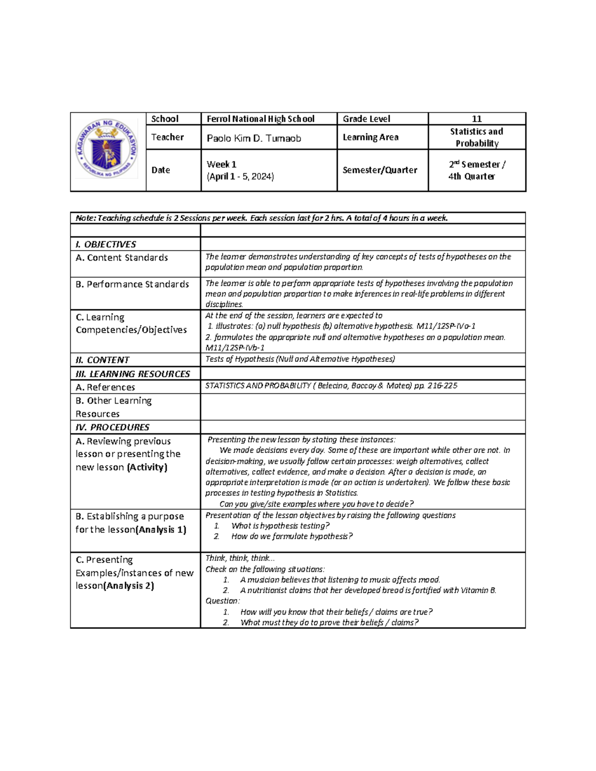 Hypothesis Testing in Statistics: Key Concepts and Procedures M11/12SP ...