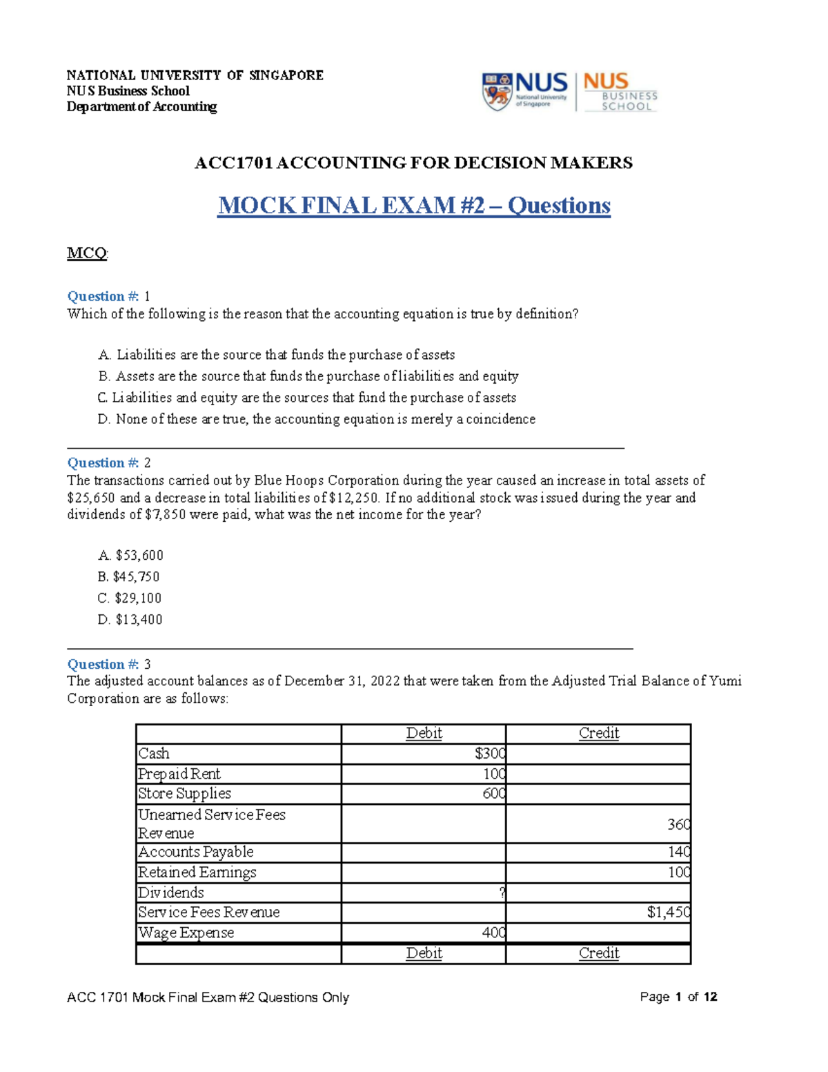 ACC1701 Mock Final Exam Questions and Answers - Studocu