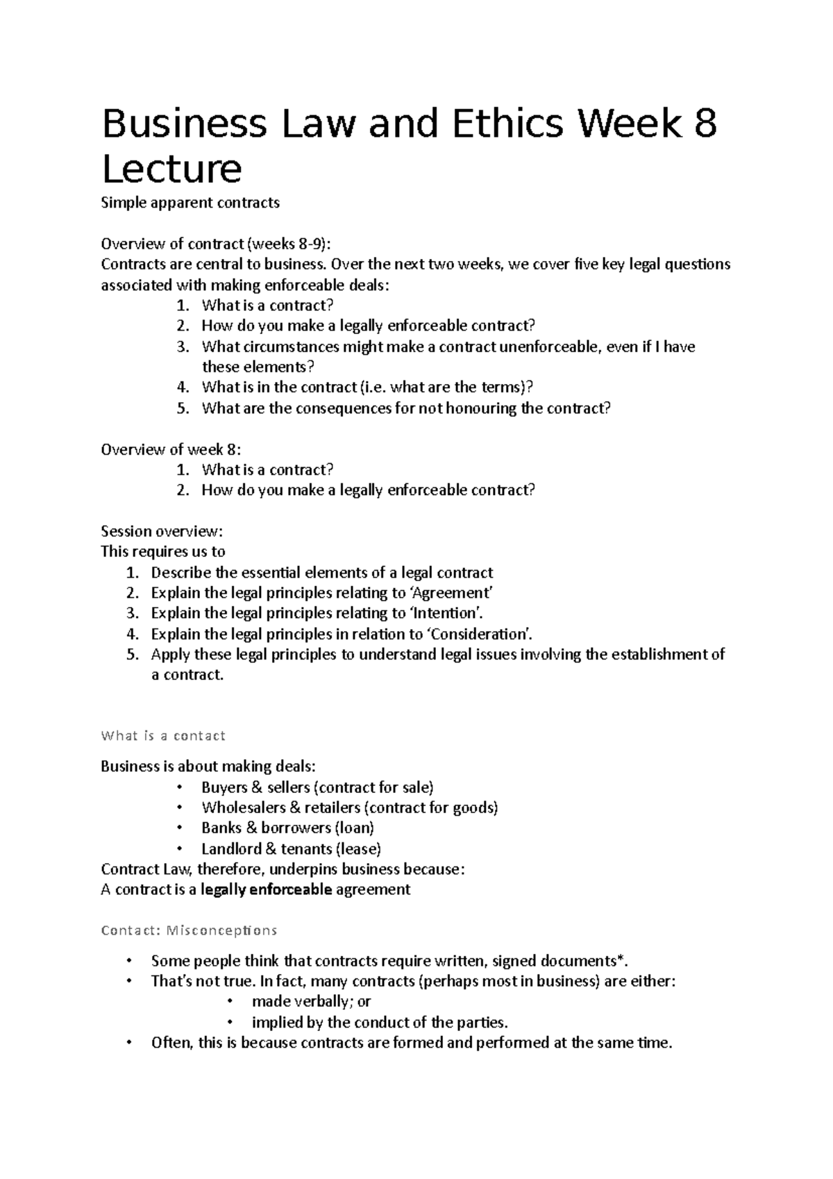 Lecture notes week 8 - simple apparent contracts. - Business Law and ...
