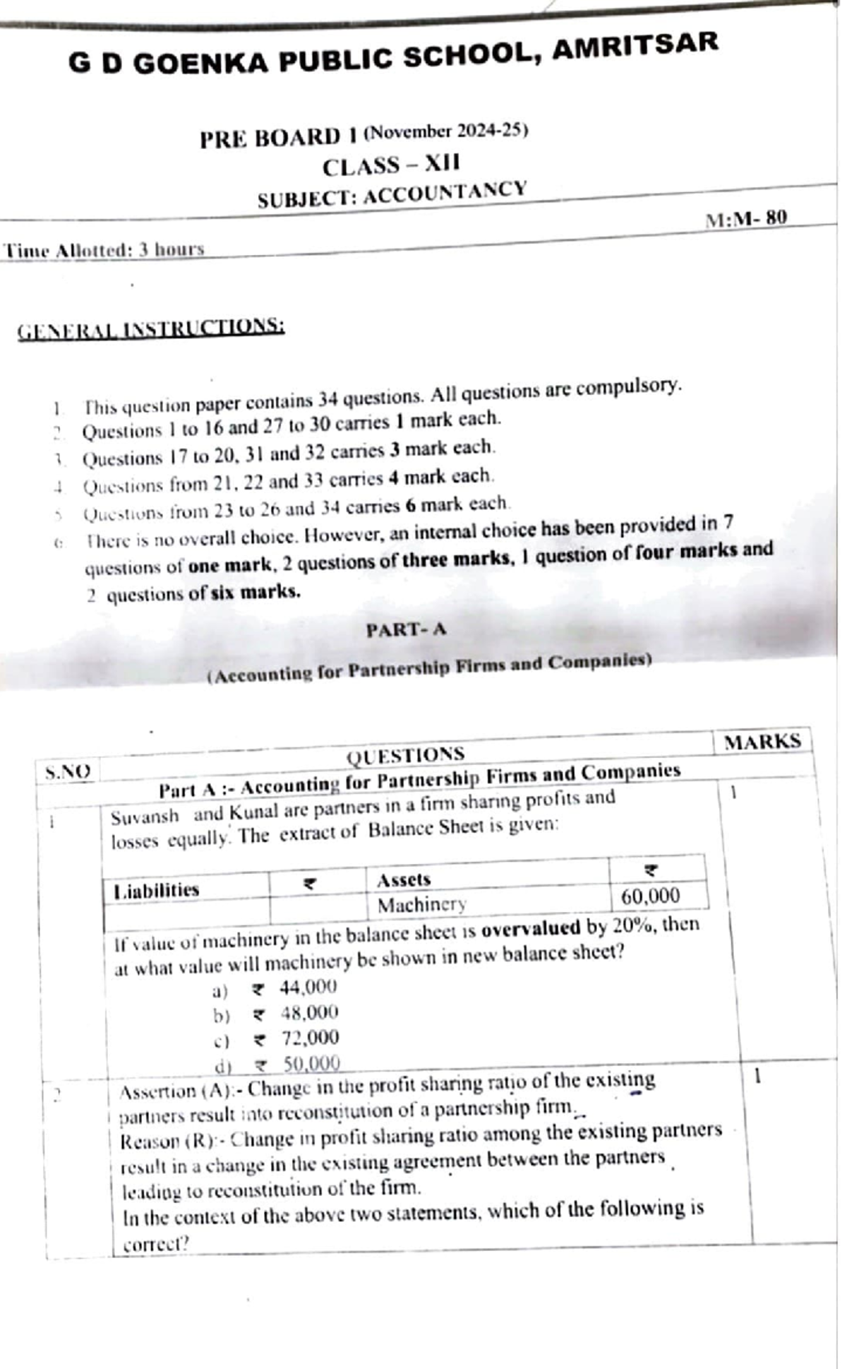G D GOENKA PUBLIC SCHOOL, AMRITSAR CLASS XII ACCOUNTANCY PRE BOARD 1 ...