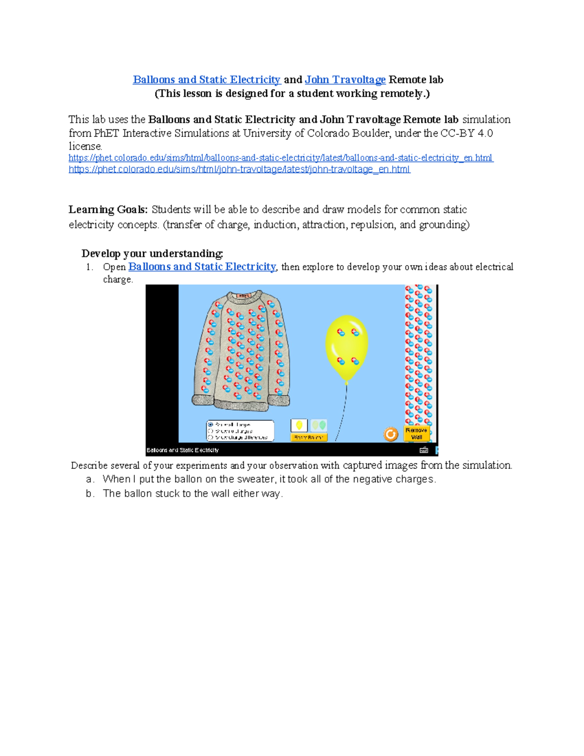Balloons & Static Elec. Lab: John Travoltage Remote Simulation - Studocu