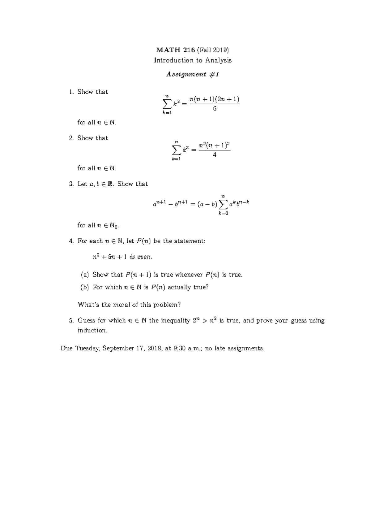 MATH 216 (Fall 2019) Analysis Assignment 1: Induction Proofs and ...