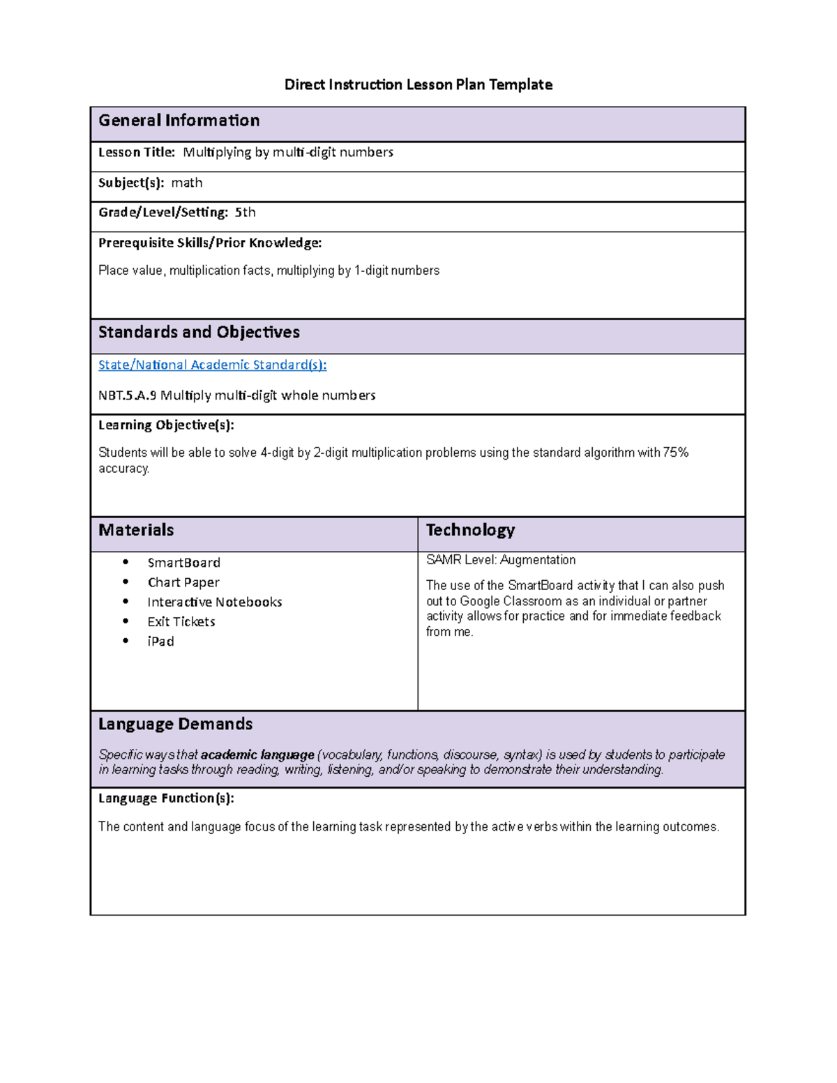 Direct Instruction Lesson Plan Template - Mathematics - Direct ...