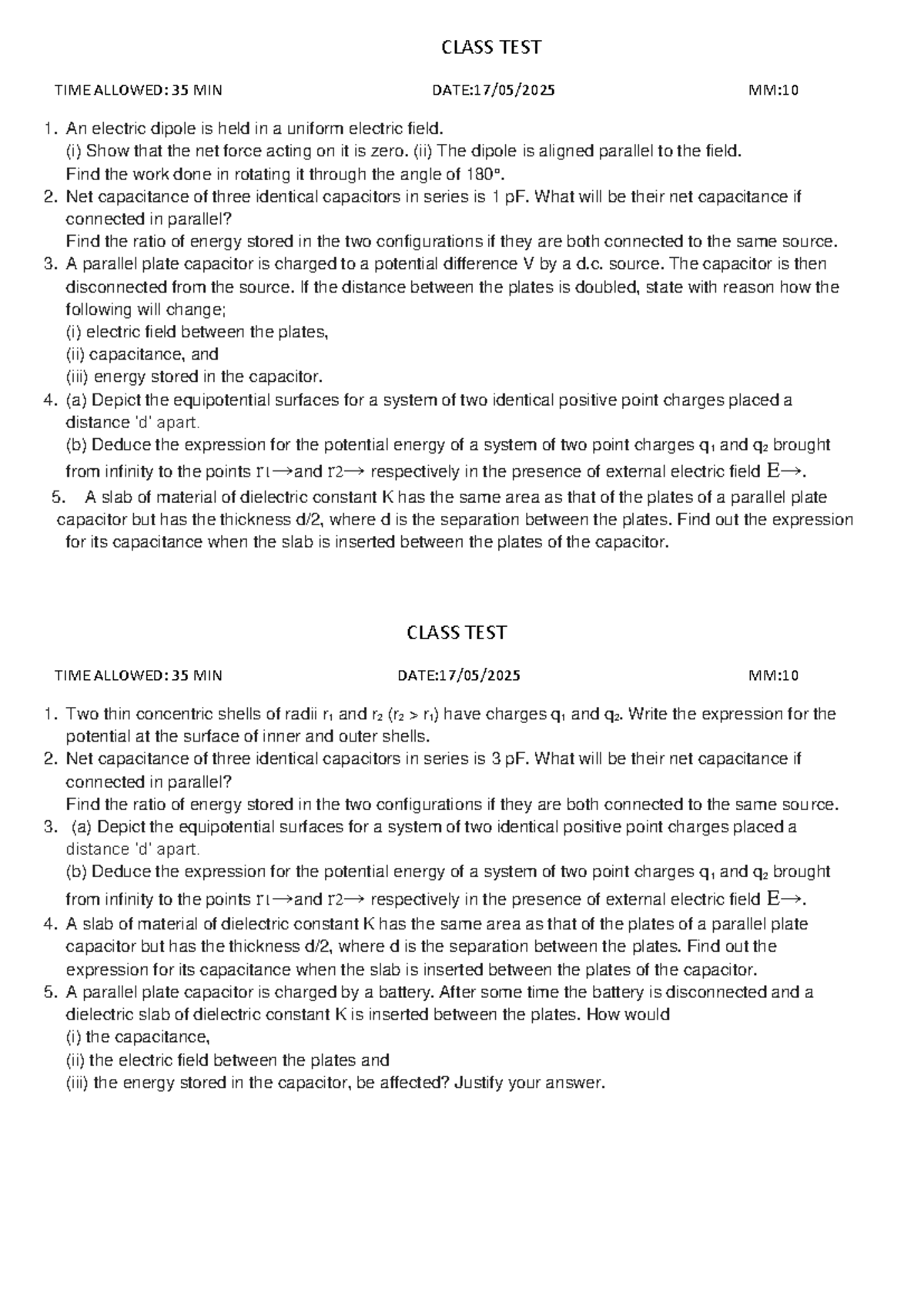 Chapter 2 - Physics Class Test: Electric Fields & Capacitors (MM:10 ...