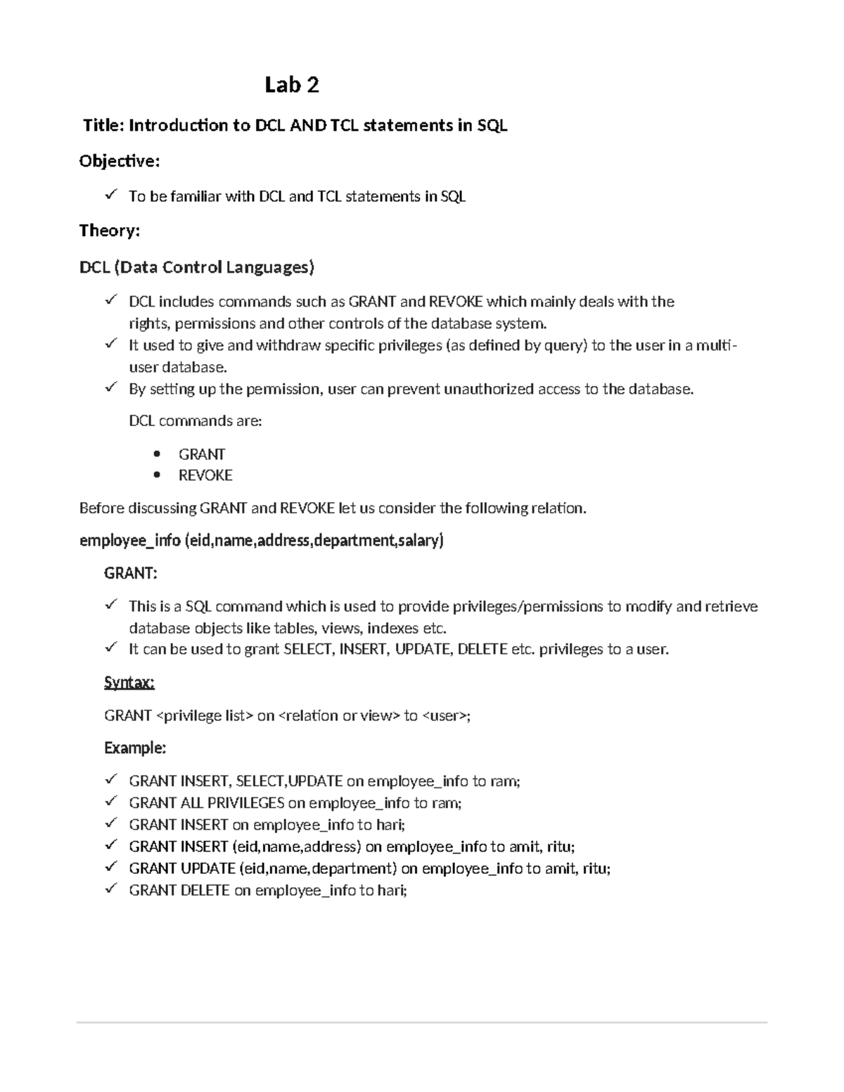 Lab 2: Introduction to DCL & TCL Statements in SQL - Studocu