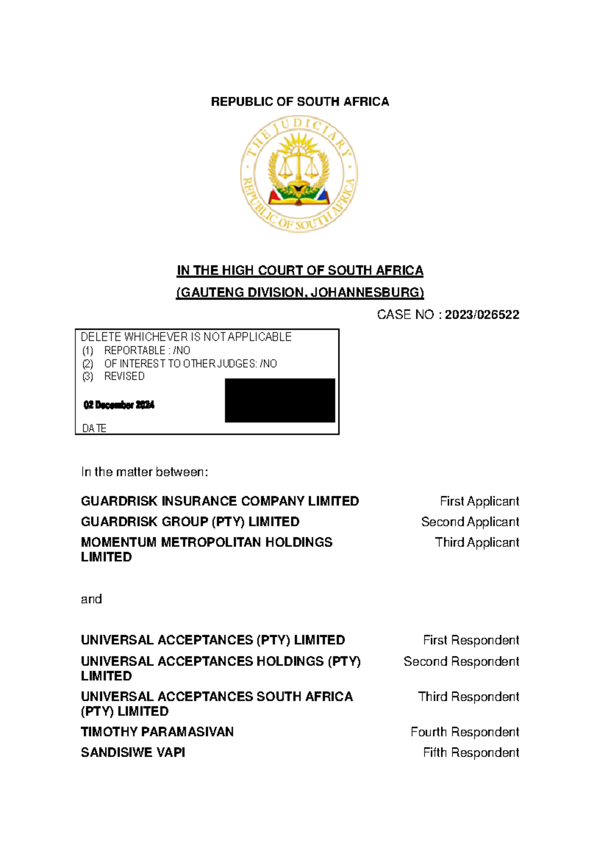 Guardrisk insurance company v Universal Acceptance - REPUBLIC OF SOUTH ...