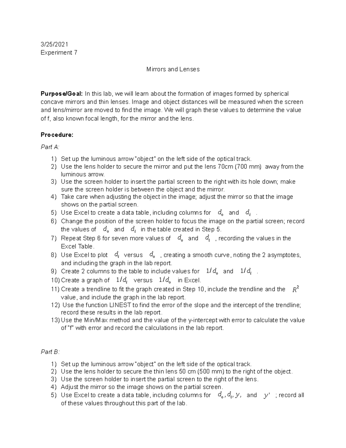 Experiment 7: Analysis of Mirrors & Lenses (Physics Lab) - Studocu