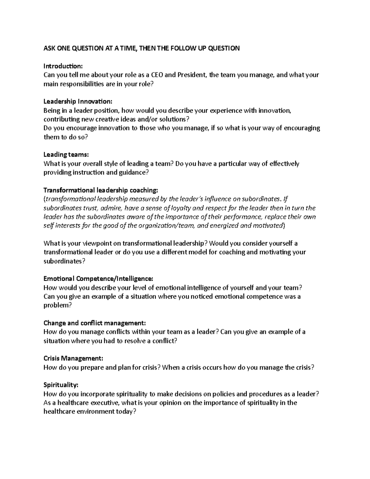 Interview Questions for Leadership Development Paper - Studocu