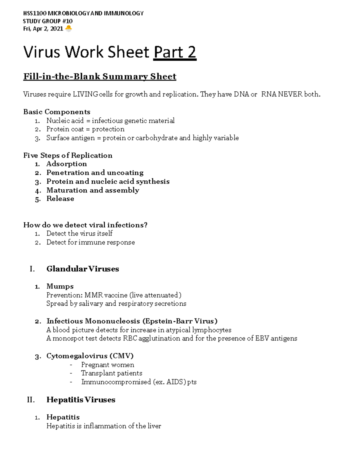 Virus Worksheet Part 2- Answer KEY for study group - STUDY GROUP # Fri ...