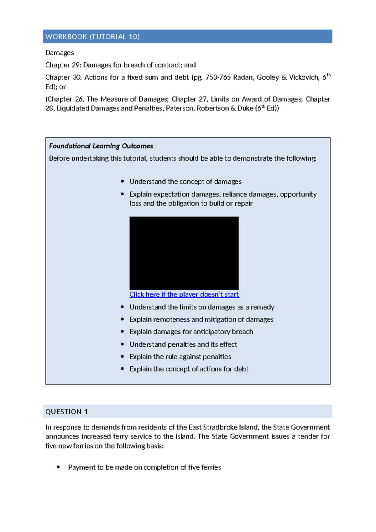 Workbook Tutorial 10: Damages for Breach - Chapters 29-30 Analysis ...